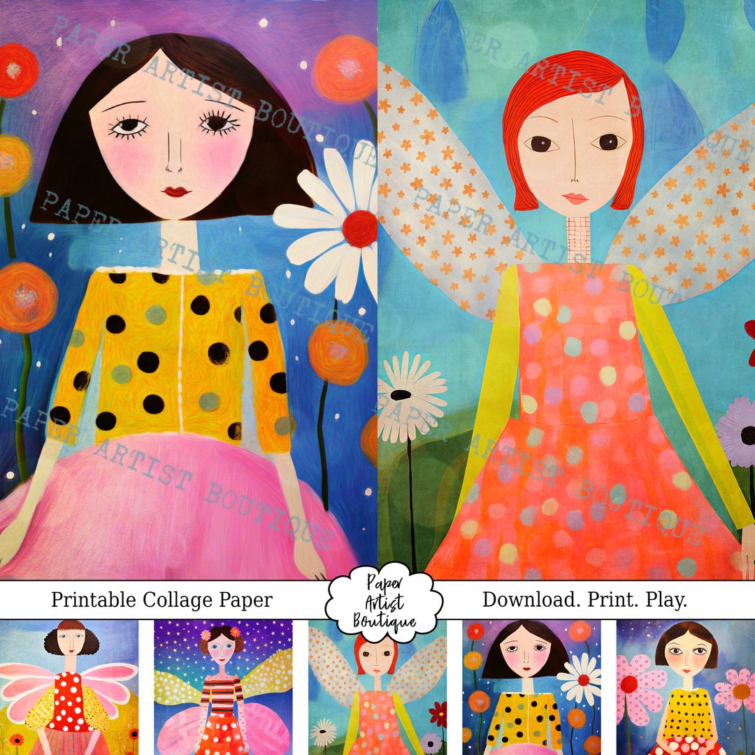 Childish Drawings Girls Collage Paper Mixed-media Art, FIVE Sheets of ...