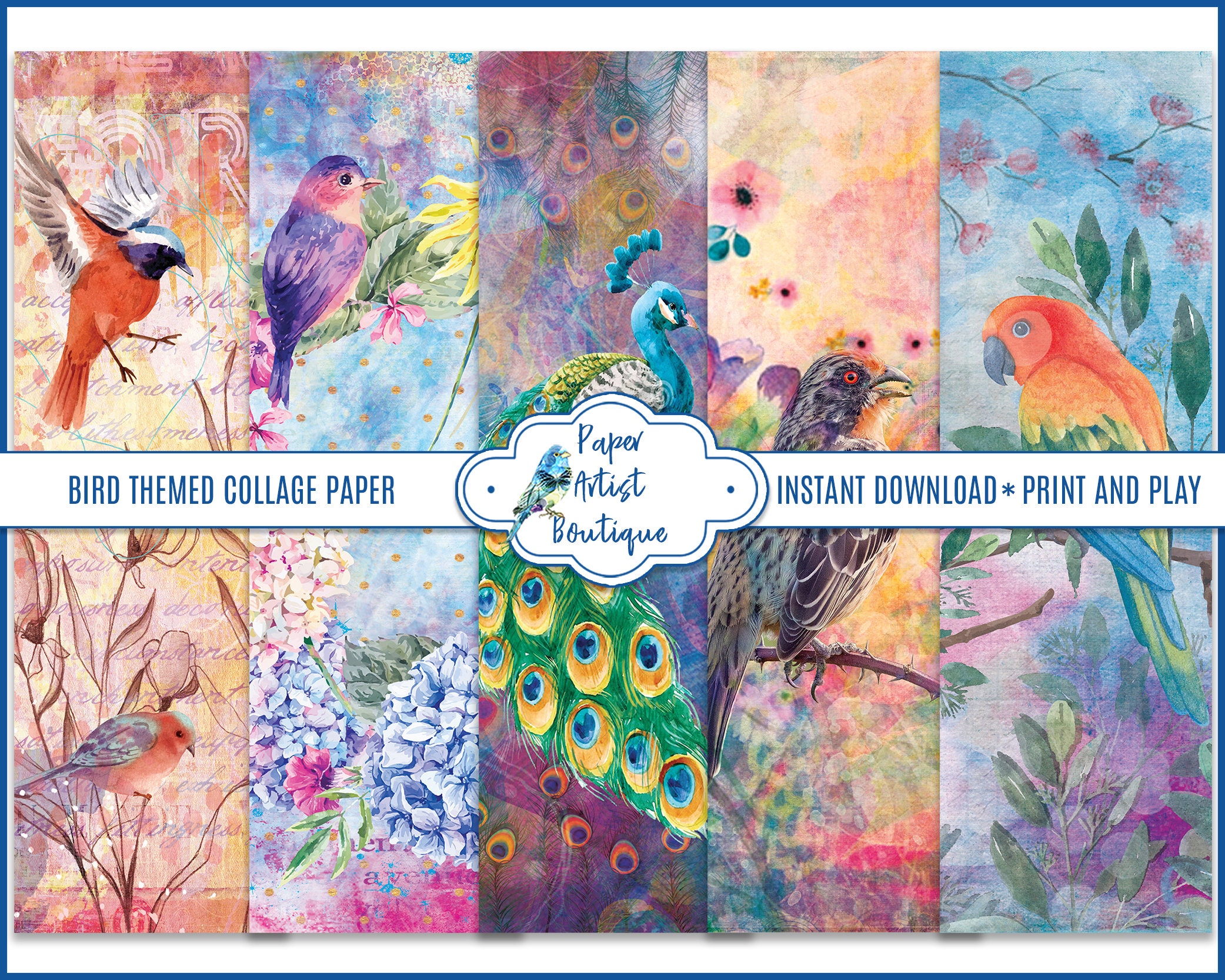 Bird Collage Papers, Artist Designed Printable Scrapbooking Paper for ...