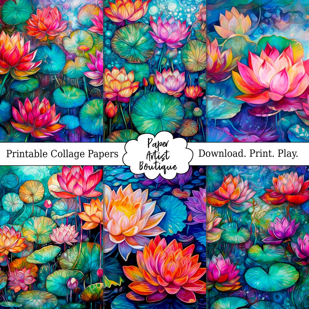 Colorful Watercolor Abstract Lotus Flowers & Pods Mixed-media Art, SIX ...