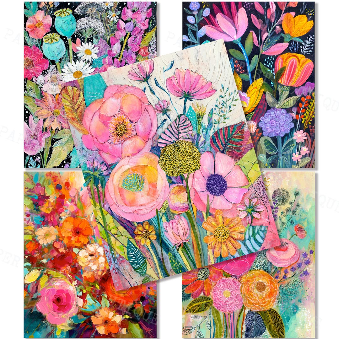 Fabulous Florals Collage Paper Pack | Colorful Mixed Media Printable ...