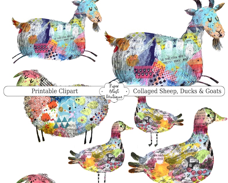 Printable Digital Clip Art Sheet Collaged Sheep, Goats, Ducks for ...