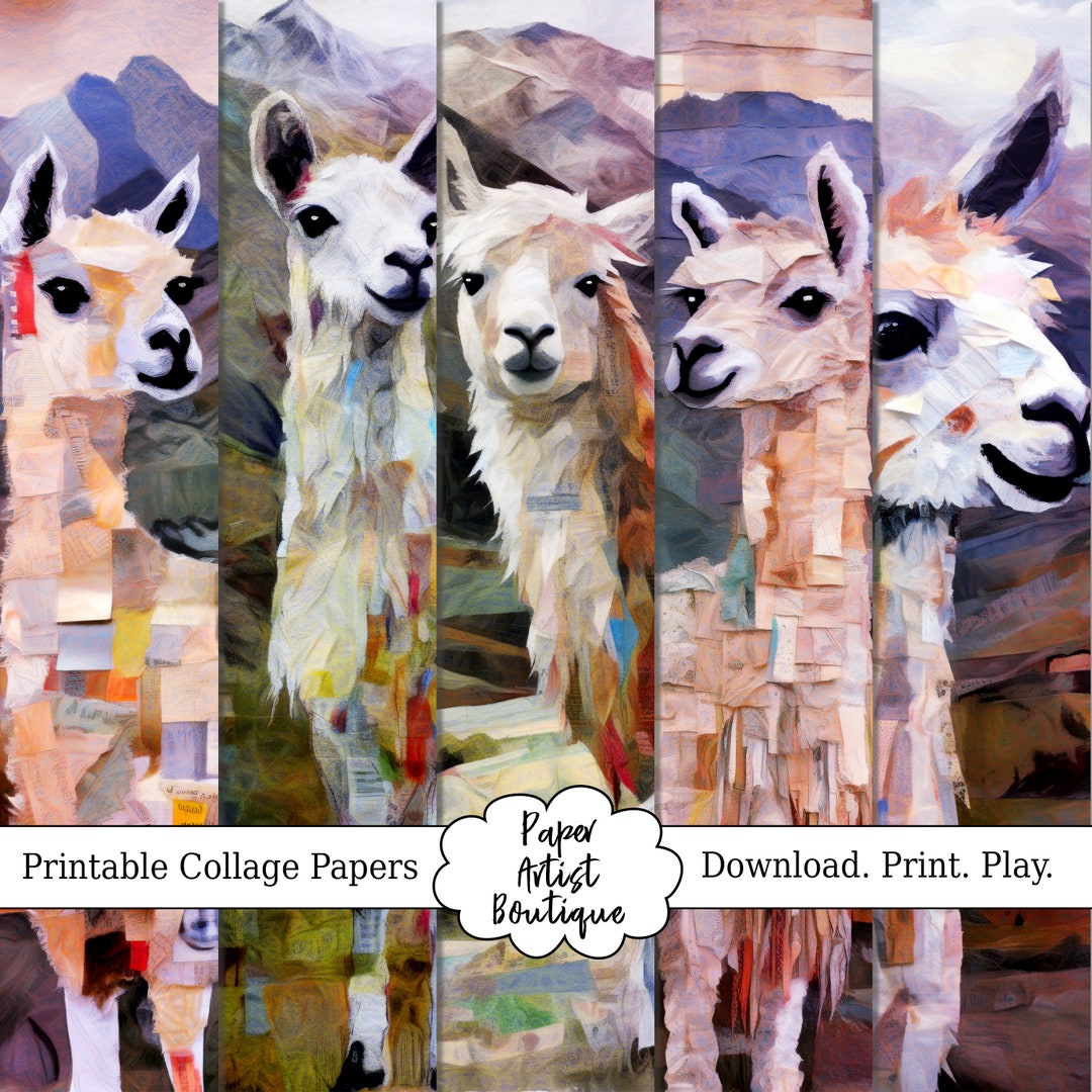 Collaged Llamas/alpaca Mixed-media Art, FIVE Sheets of Printable ...