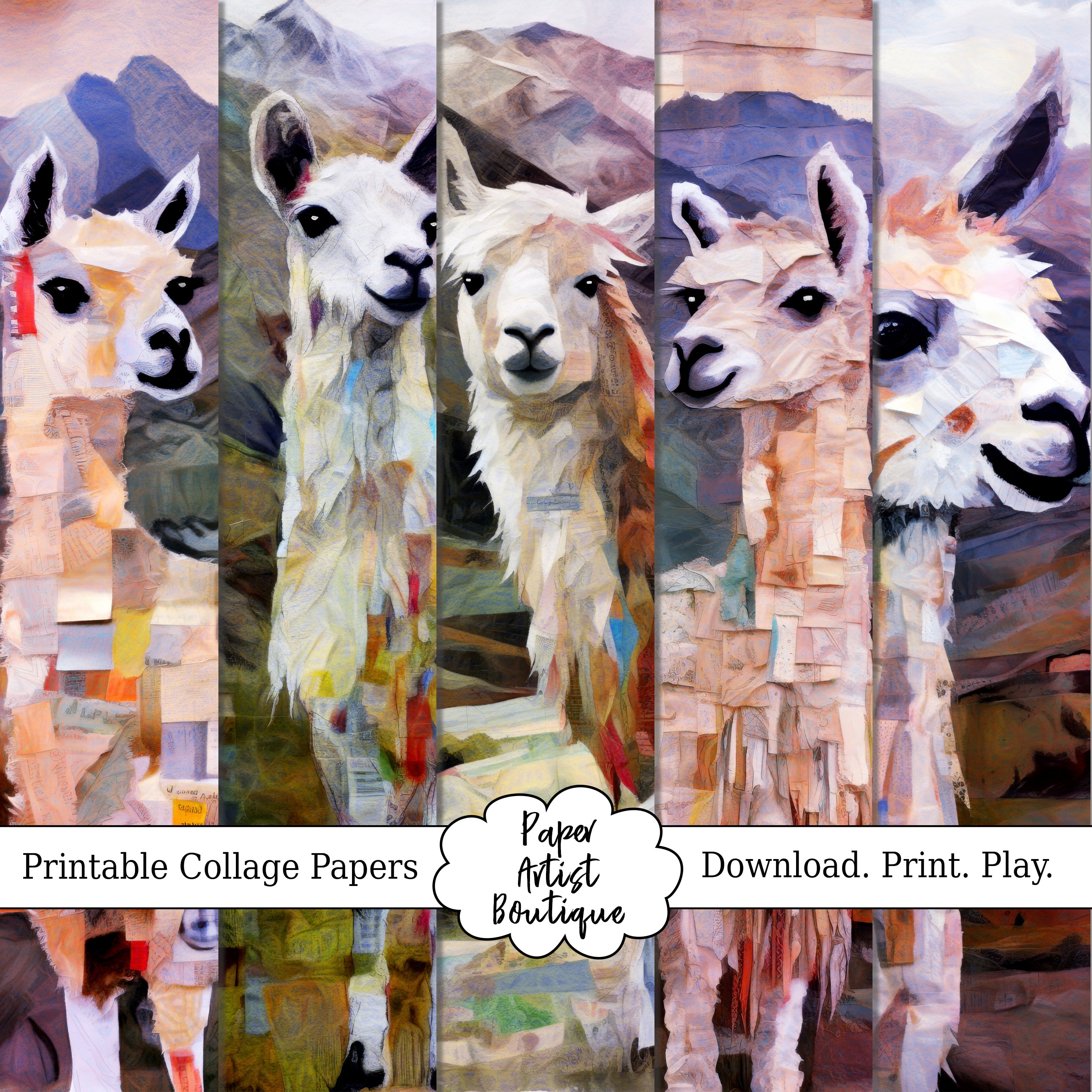 Collaged Llamas/alpaca Mixed-media Art, FIVE Sheets of Printable ...
