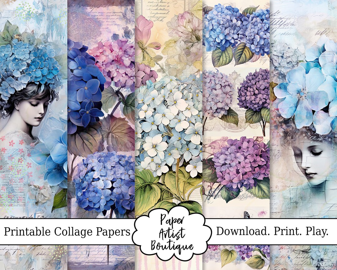 Hydrangeas Mixed Media Art, Five Sheets of Printable Collage Paper - Etsy