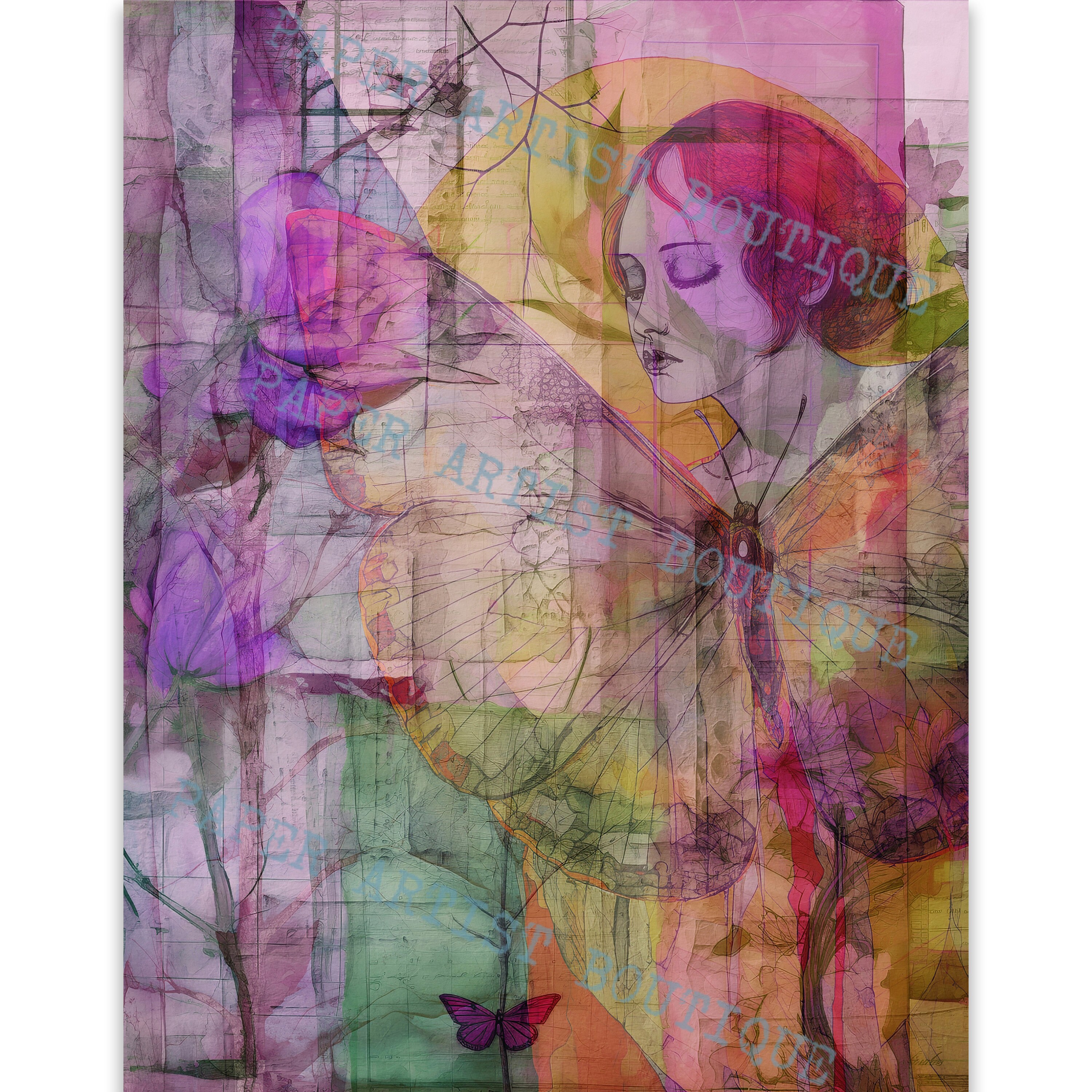Whimsical Mixed-media Collage Paper Art, FIVE Sheets of Printable ...