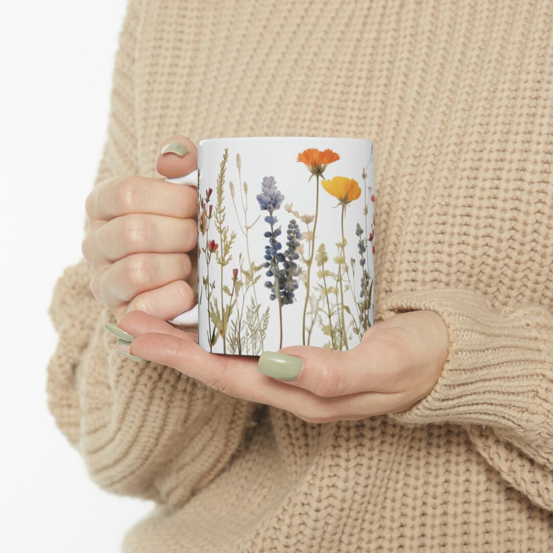 Pressed Flowers Mug, Boho Wildflowers Coffee Mug, Watercolor Floral ...
