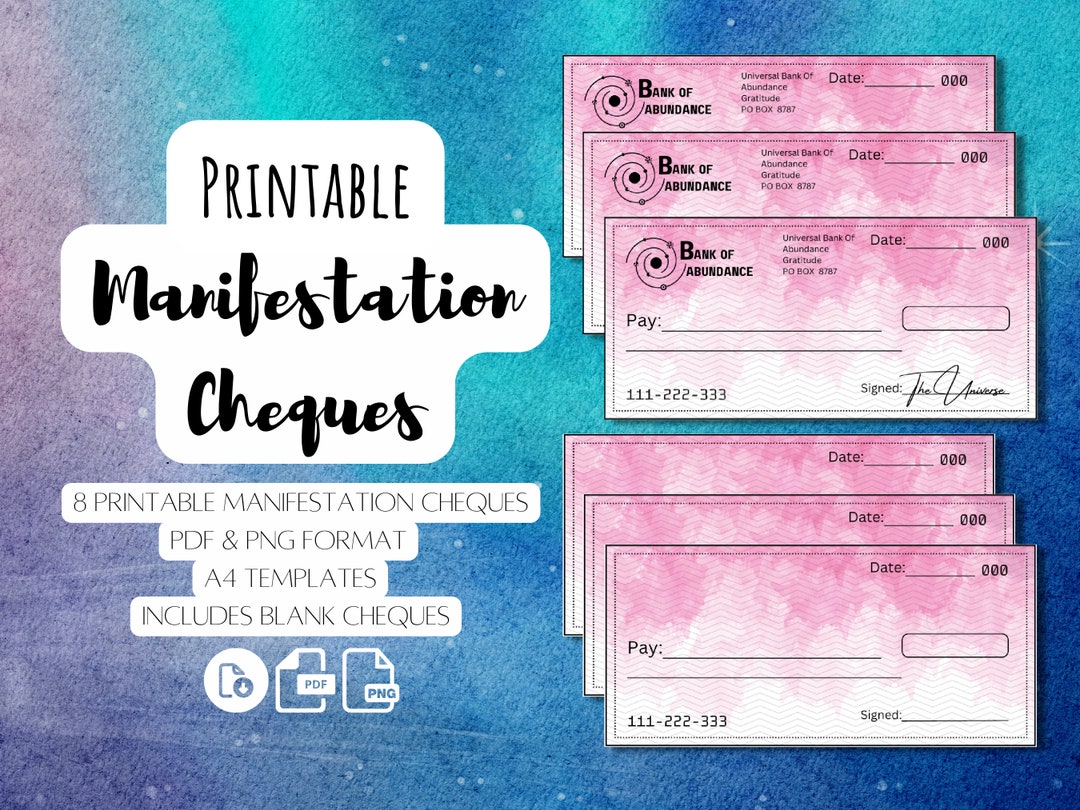 Printable Law of Attraction Check, Blank Manifestation Cheques, Vision ...