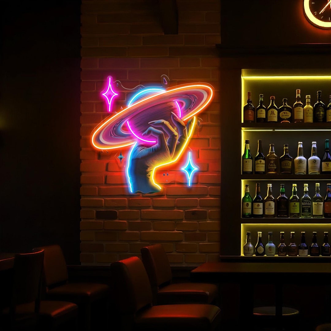 Neon Space Decor, Hand Holding Planet LED Sign, Cool Sci-fi Room Light ...