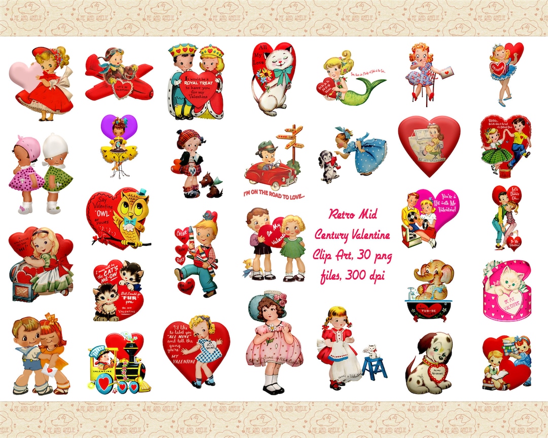 Retro Valentine's Day Clipart, Vintage Valentines, Mid Century Modern ...
