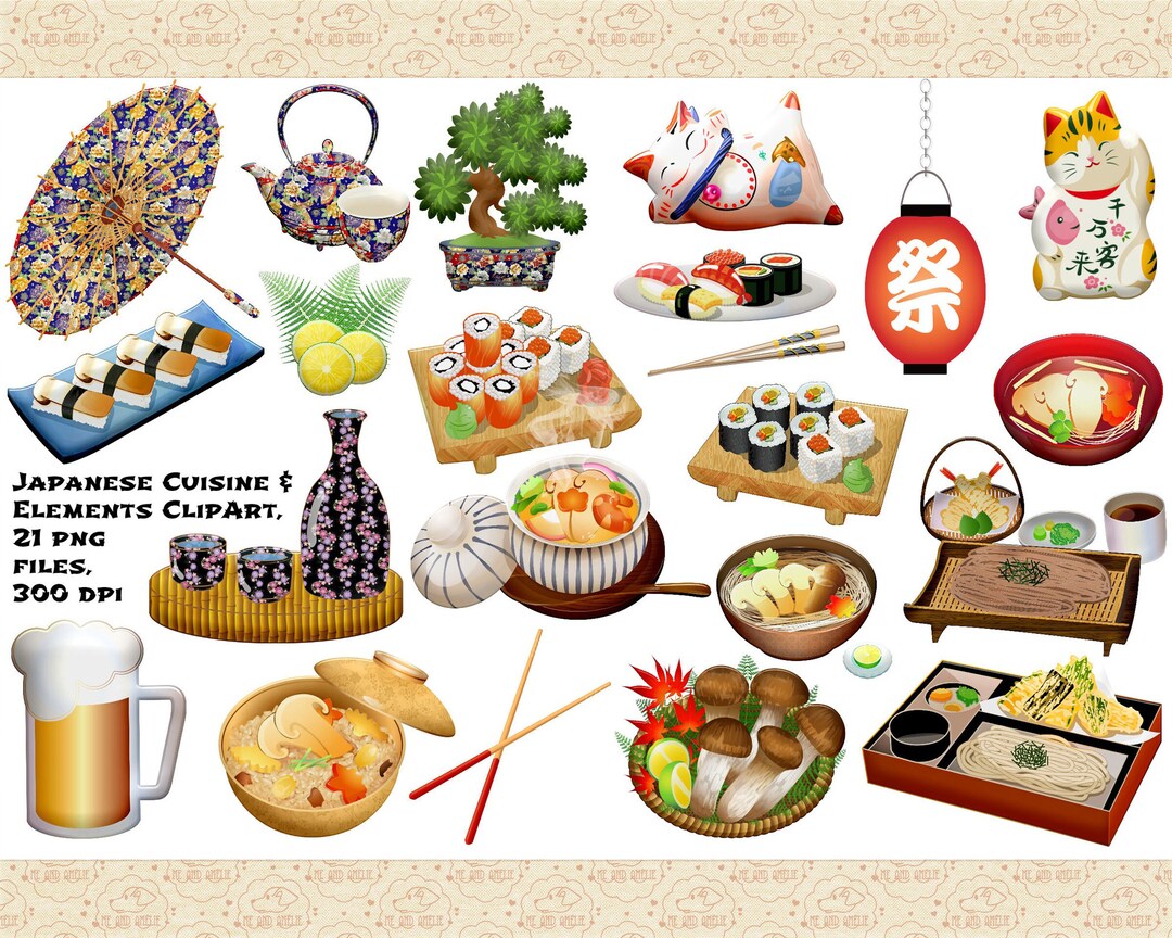 Japanese Food & Elements Clipart, Soba Noodles, Sushi Clipart, Maneki ...