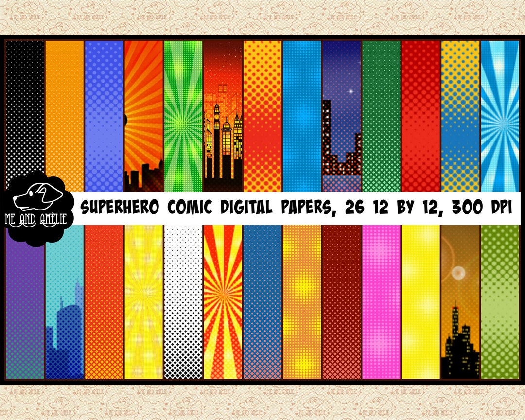Superhero Halftone Comic Digital Paper MEGAPACK, 26 Papers in All ...