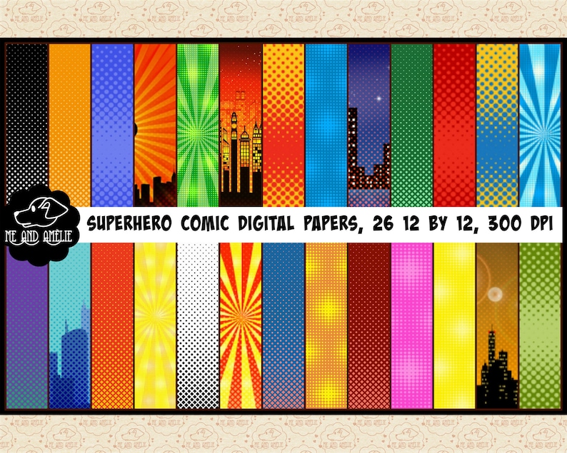 Superhero Halftone Comic Digital Paper MEGAPACK, 26 Papers in All ...