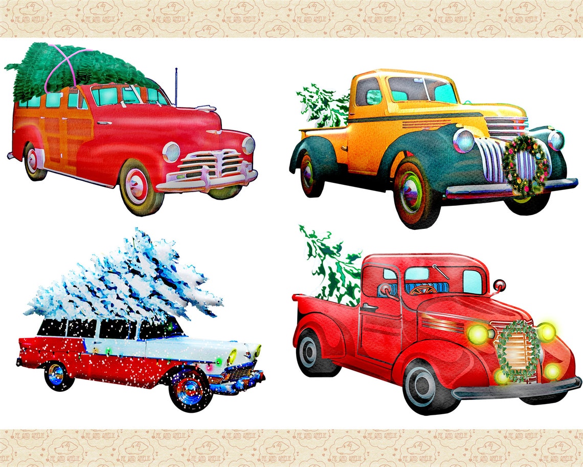 Watercolor Christmas Vehicles Clip Art Retro Christmas - Etsy
