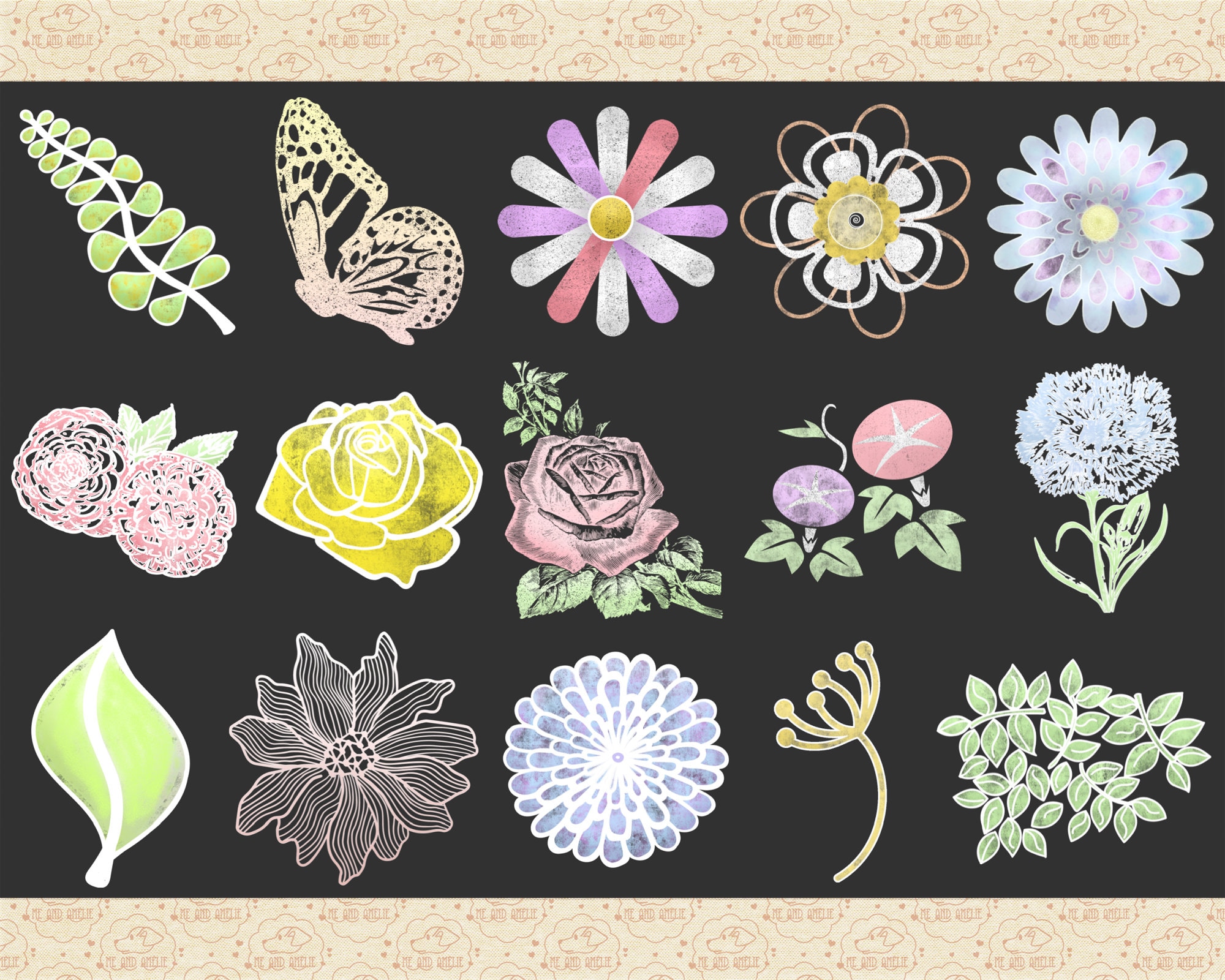 Chalkboard Floral Clipart Set, Chalk Flowers and Leaves (PNG) - Etsy