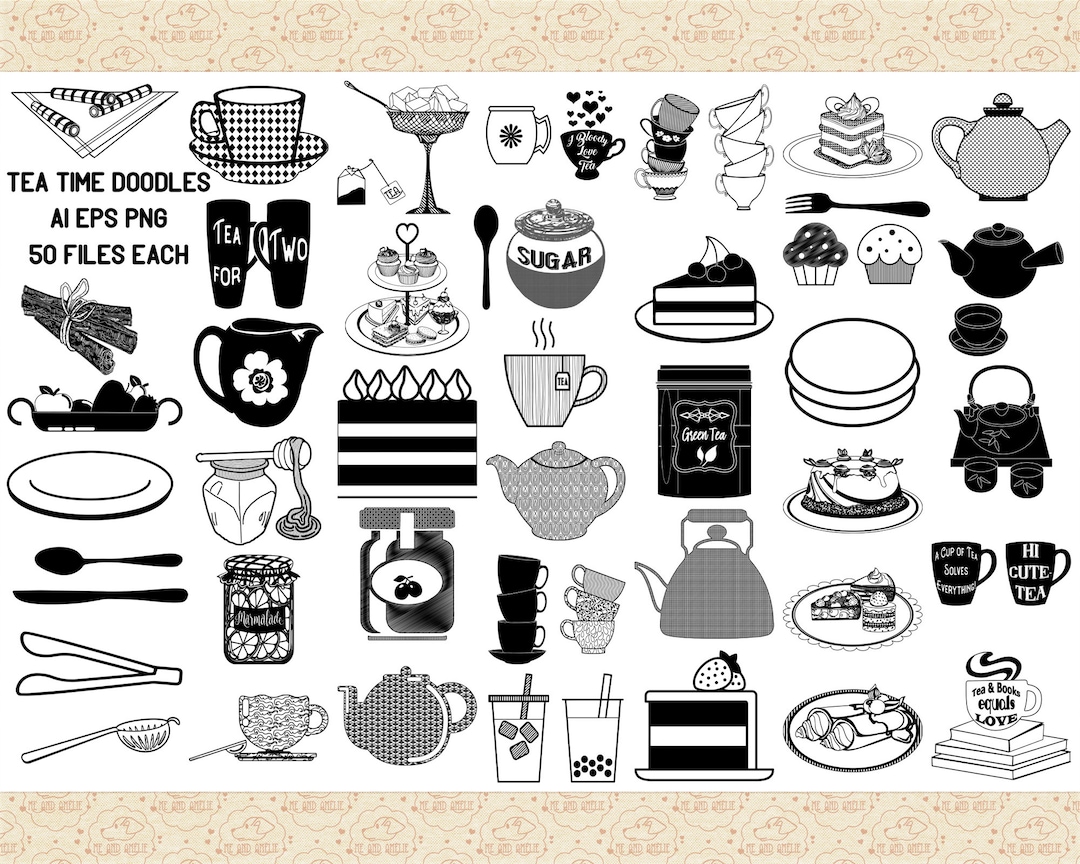 Tea Time Doodles Vector AI (not SVG) and PNG, High Tea Clipart, Stacked ...