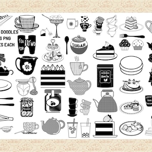 Tea Time Doodles Vector AI (not SVG) and PNG, High Tea Clipart, Stacked ...