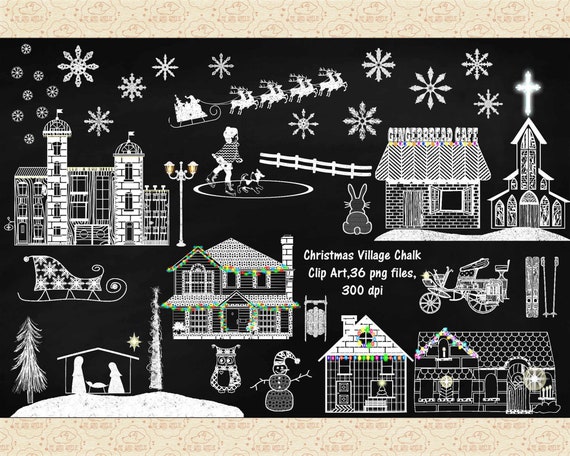 Chalk Christmas Village Clipart White Chalk Texture Snowman - Etsy