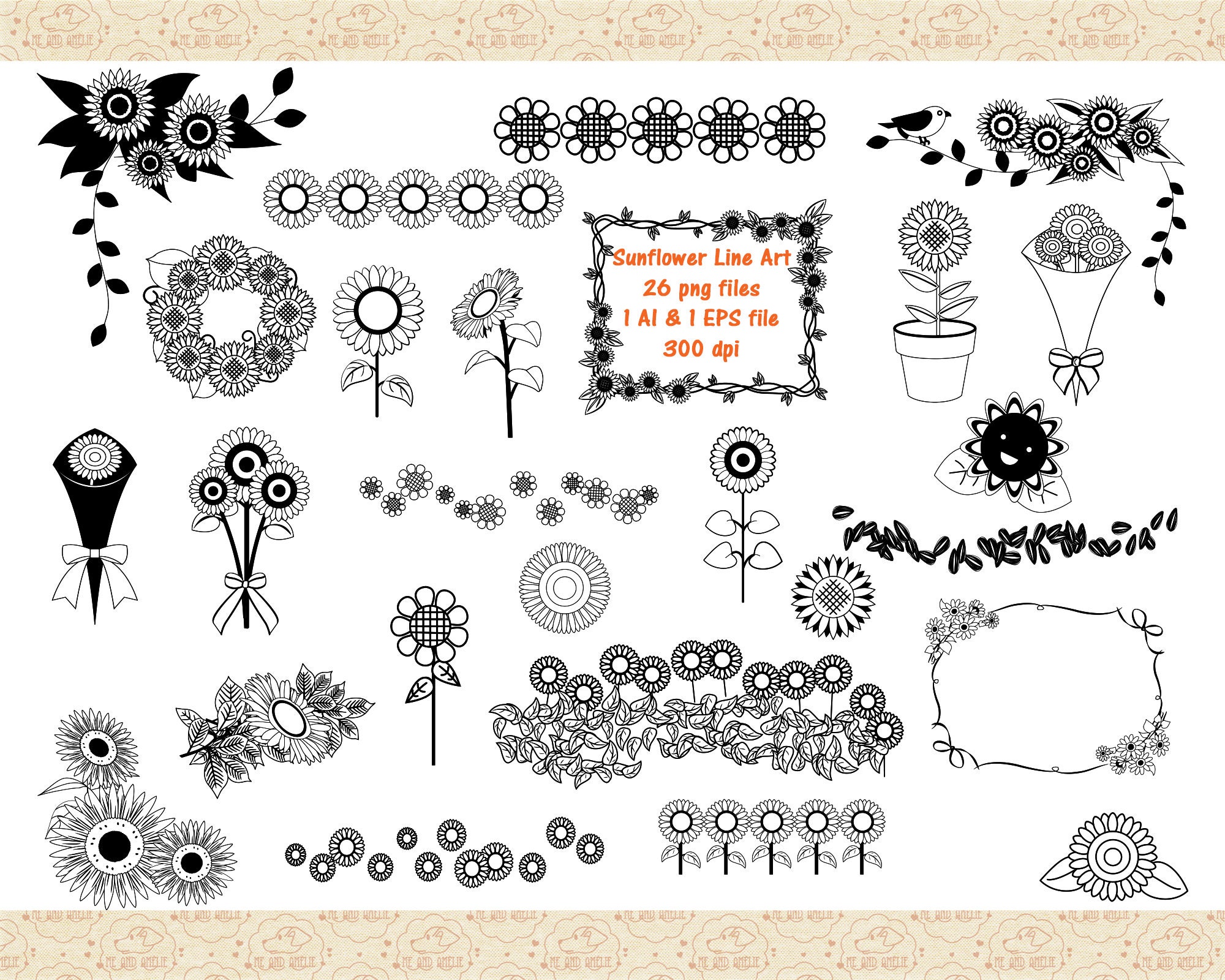 Sunflower Line Art AI EPS no Svg and PNG Sunflower Clip - Etsy
