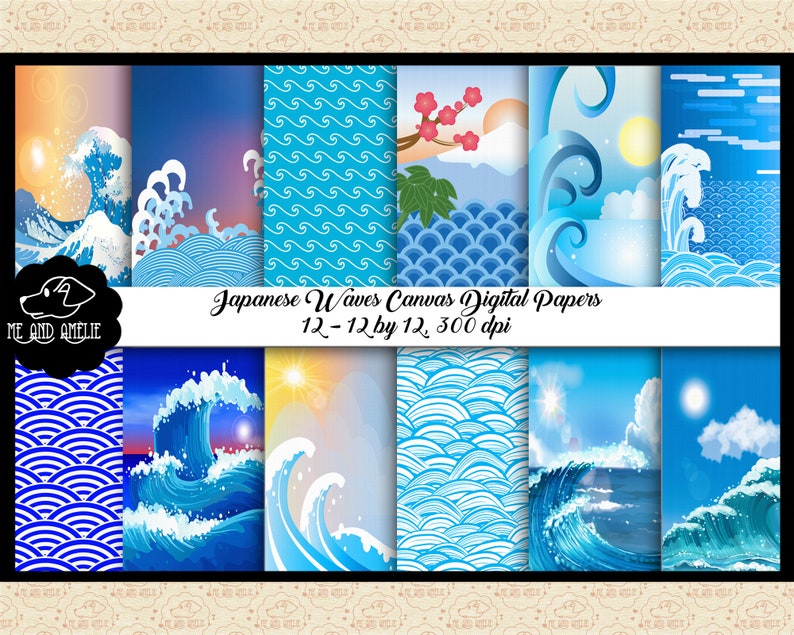 Japanese Wave Canvas Digital Papers Ocean Scenery Background - Etsy