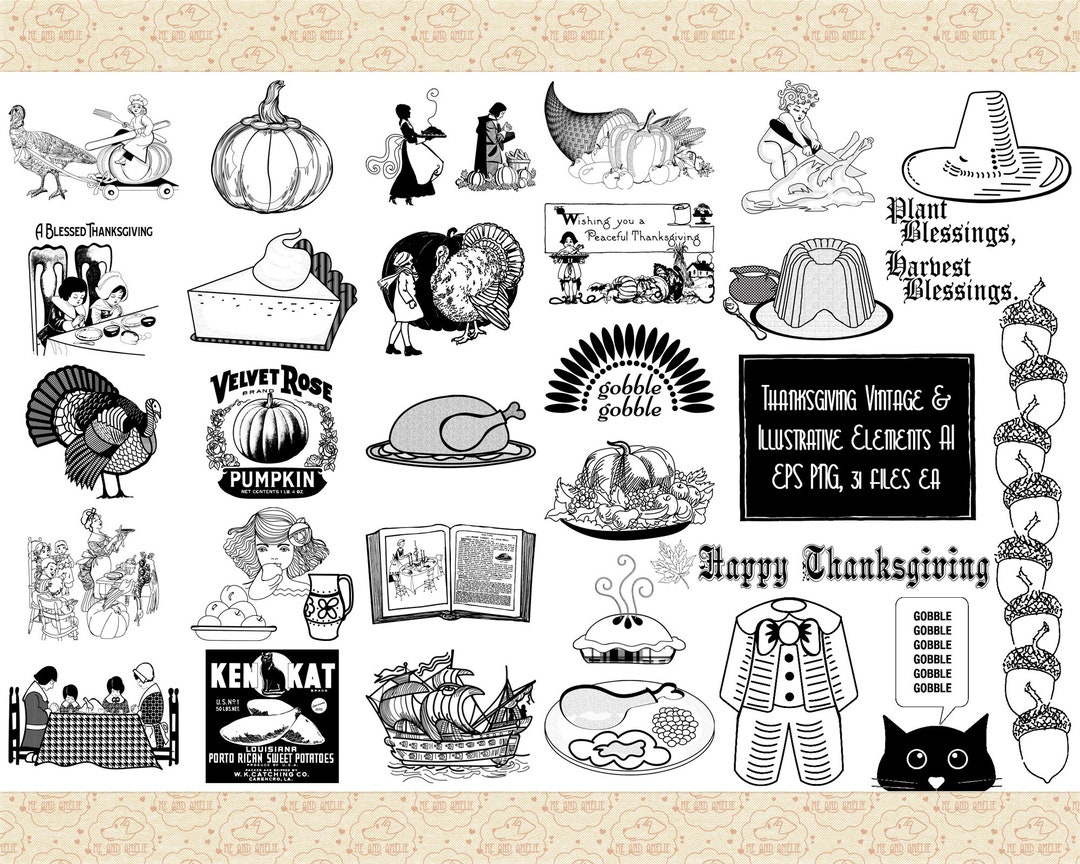 Vintage Thanksgiving Clip Art, Retro Illustrations (AI Vector & PNG) - Etsy