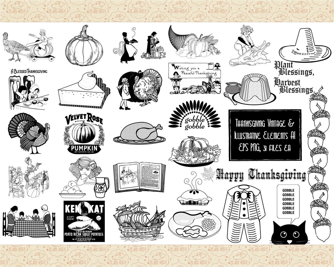 Vintage Thanksgiving Clip Art, Retro Illustrations (AI Vector & PNG) - Etsy