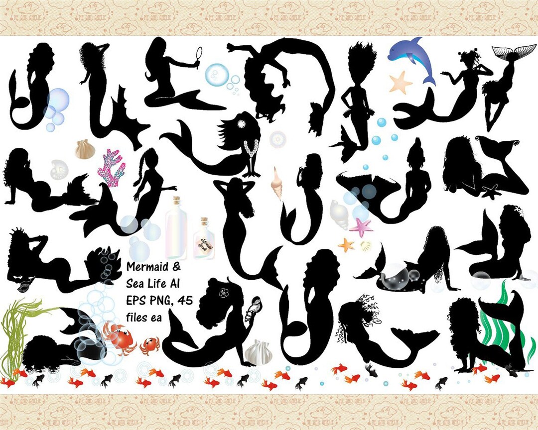 Mermaid and Sea Life AI EPS (vector) & Png, (not SVG) Mermaid Clipart ...