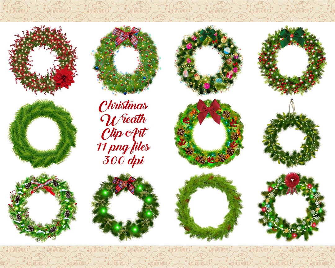 Christmas Wreath Clip Art, Evergreen Wreaths, Holly Berries, Pine ...
