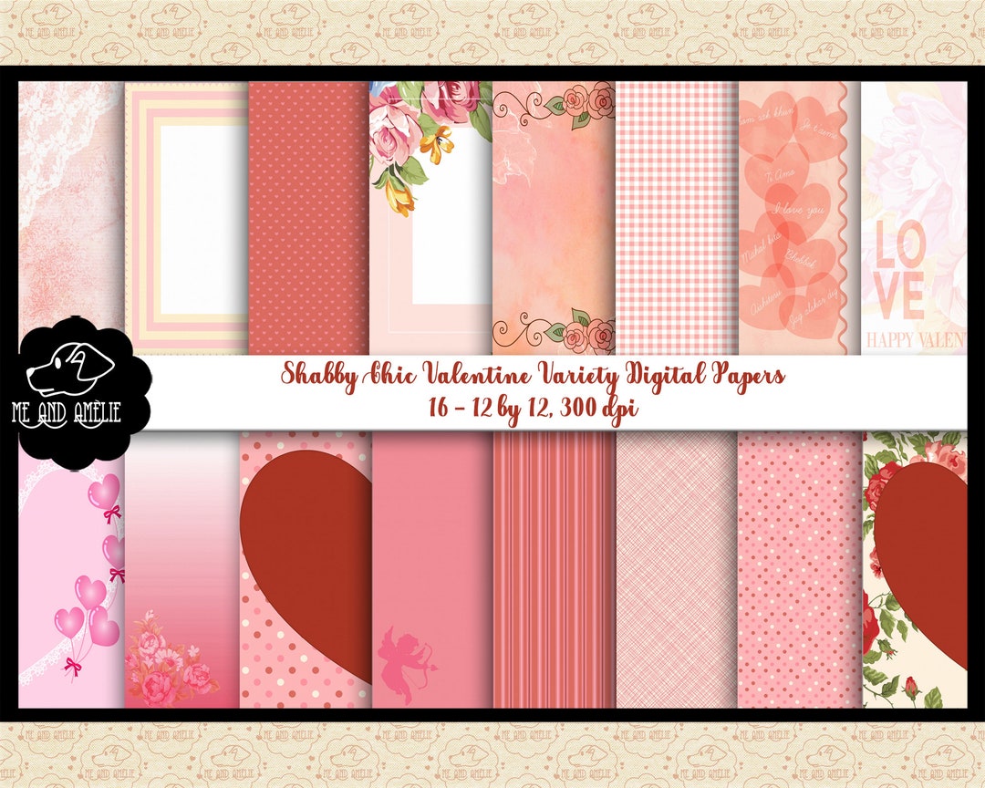 Valentine Shabby Chic Digital Papers, Hearts With Shabby Roses, Cupid ...