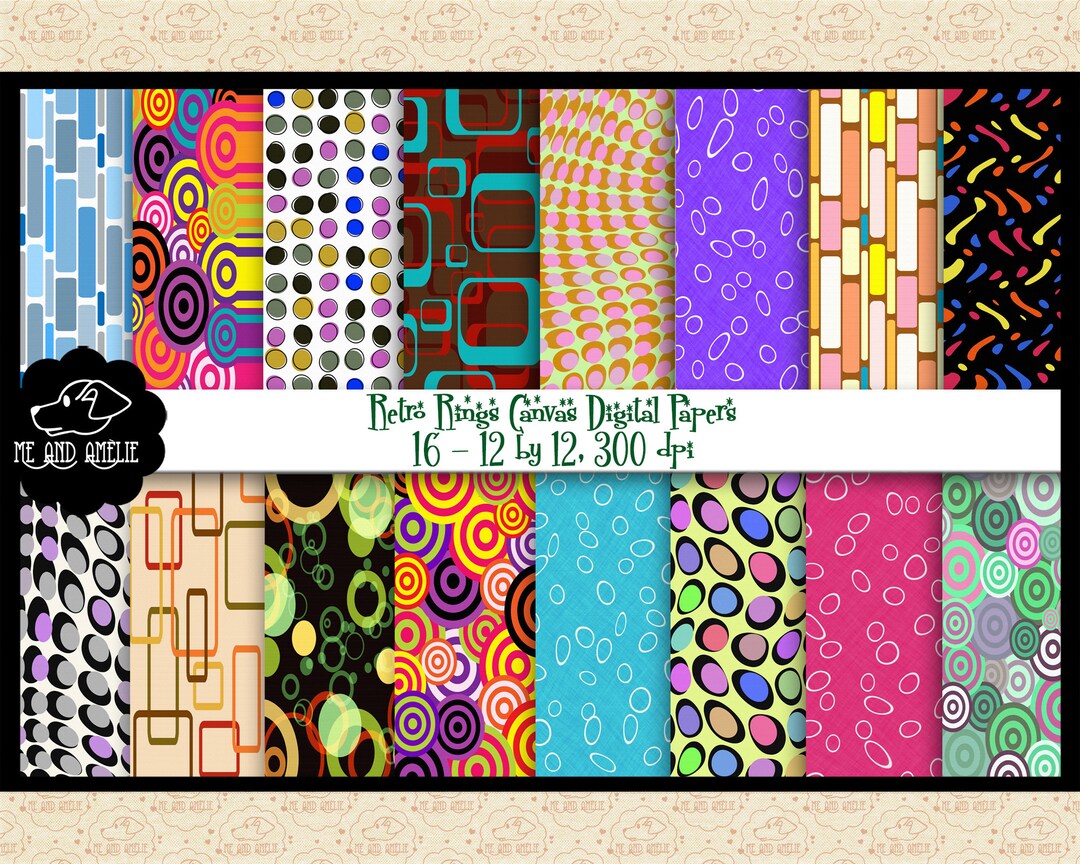 Mid Century Modern Retro Rings Canvas Digital Paper, Mod Background ...