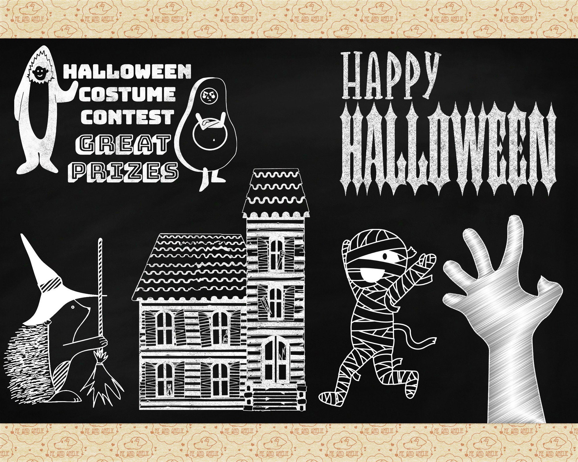 Halloween Chalkboard Clip Art Chalk Pumpkins Haunted House | Etsy