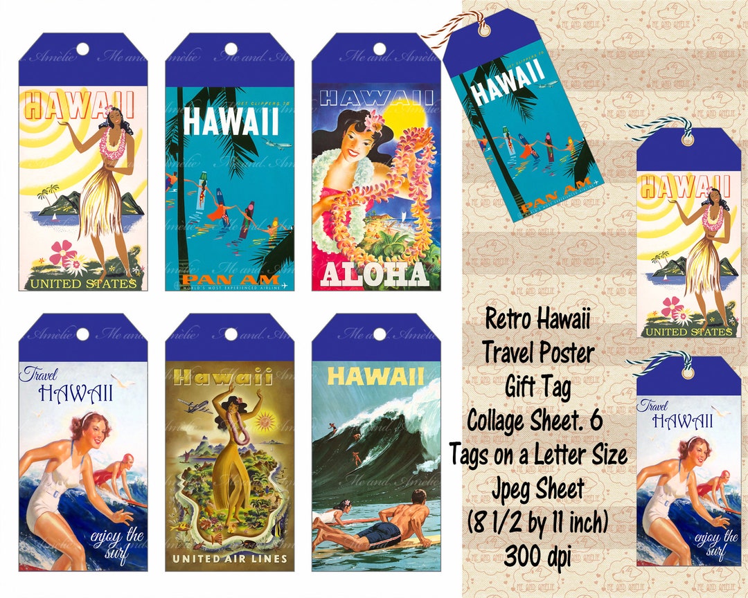 Hawaii Vintage Travel Poster Gift Tag Collage Sheet, Retro Tag, 6 Tags ...