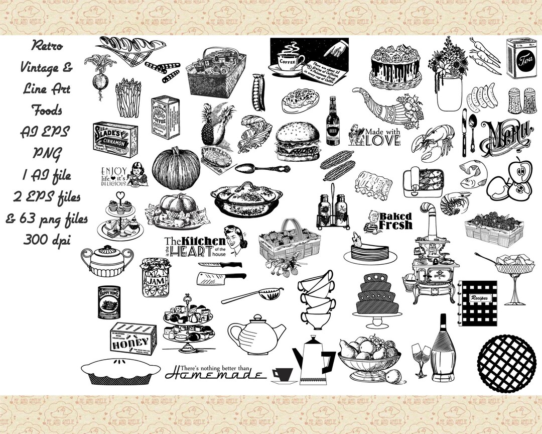 Retro Food Line Art, Vintage Kitchen Clip Art (PNG, AI, EPS) - Etsy