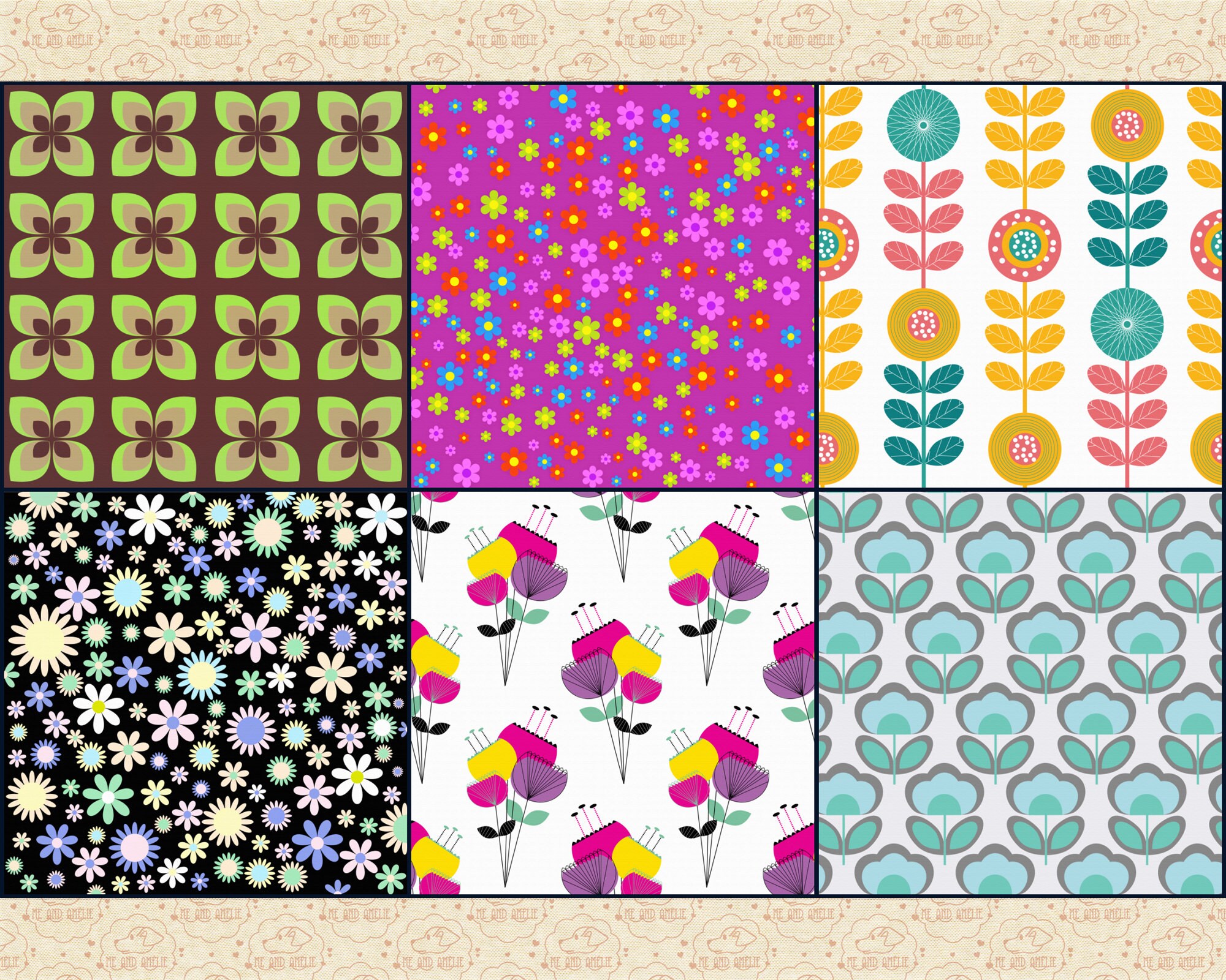 Retro Floral Digital Paper Pack, 1960s Hippie Patterns (digital ...