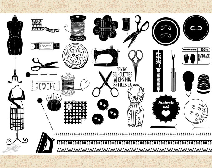 Hand Drawn Sewing Clipart. Doodle Dressmaking Clip Art. Tailor's ...
