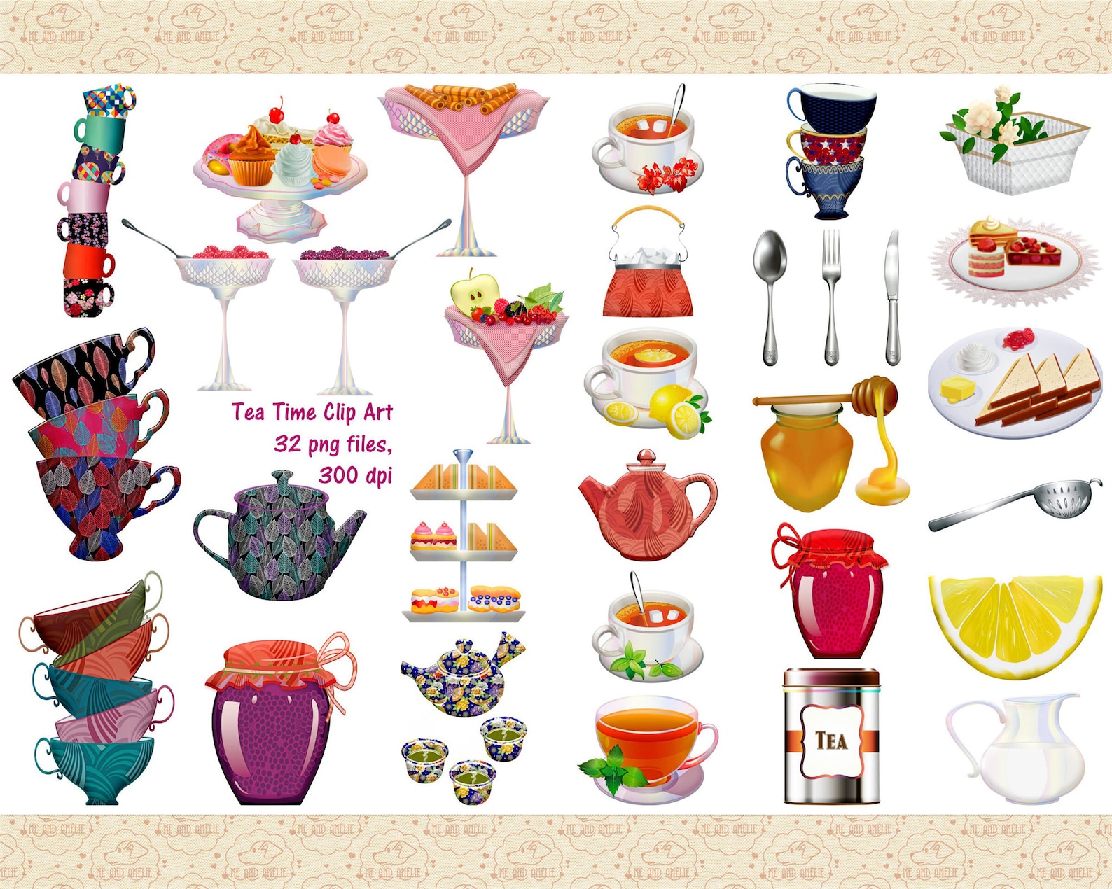 Tea Time Clip Art, High Tea Graphics, Cupcakes, Tea Sandwiches, Sugar ...