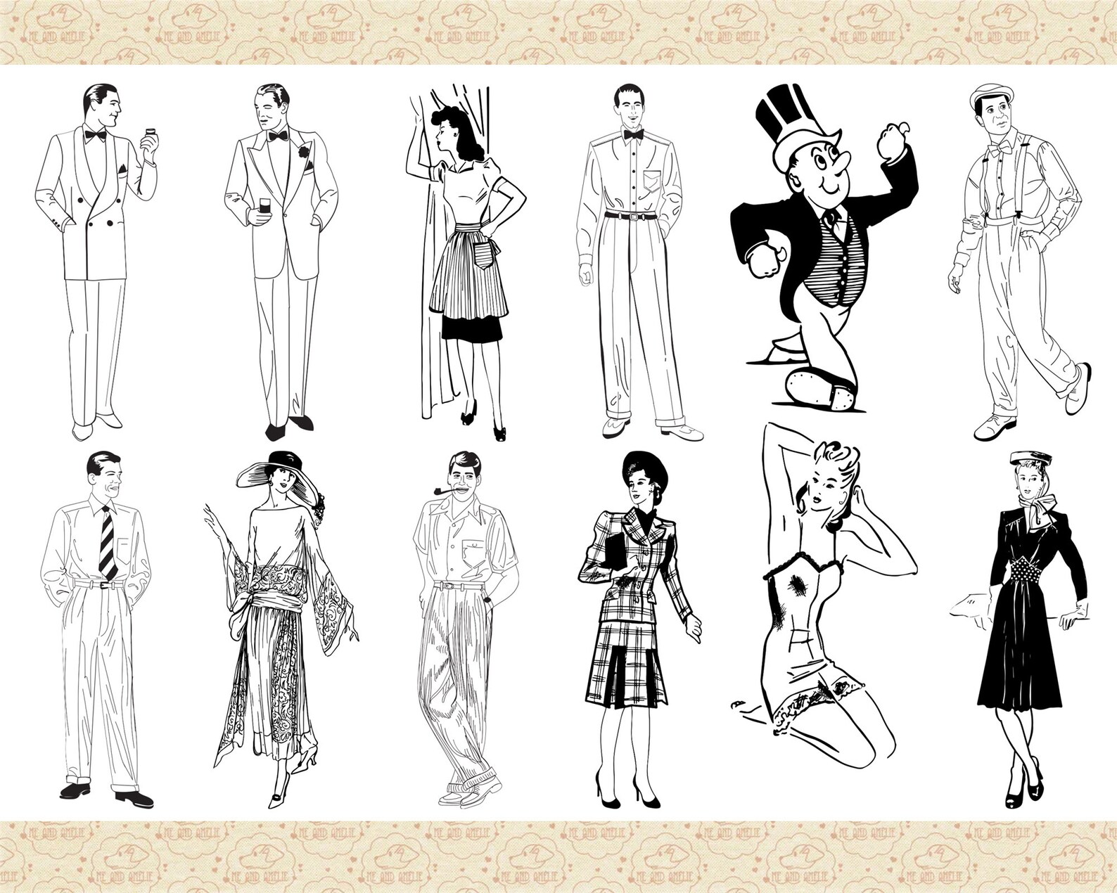 1940s Fashion Line Art Vector Graphics, AI EPS PNG (35 Files) - Etsy