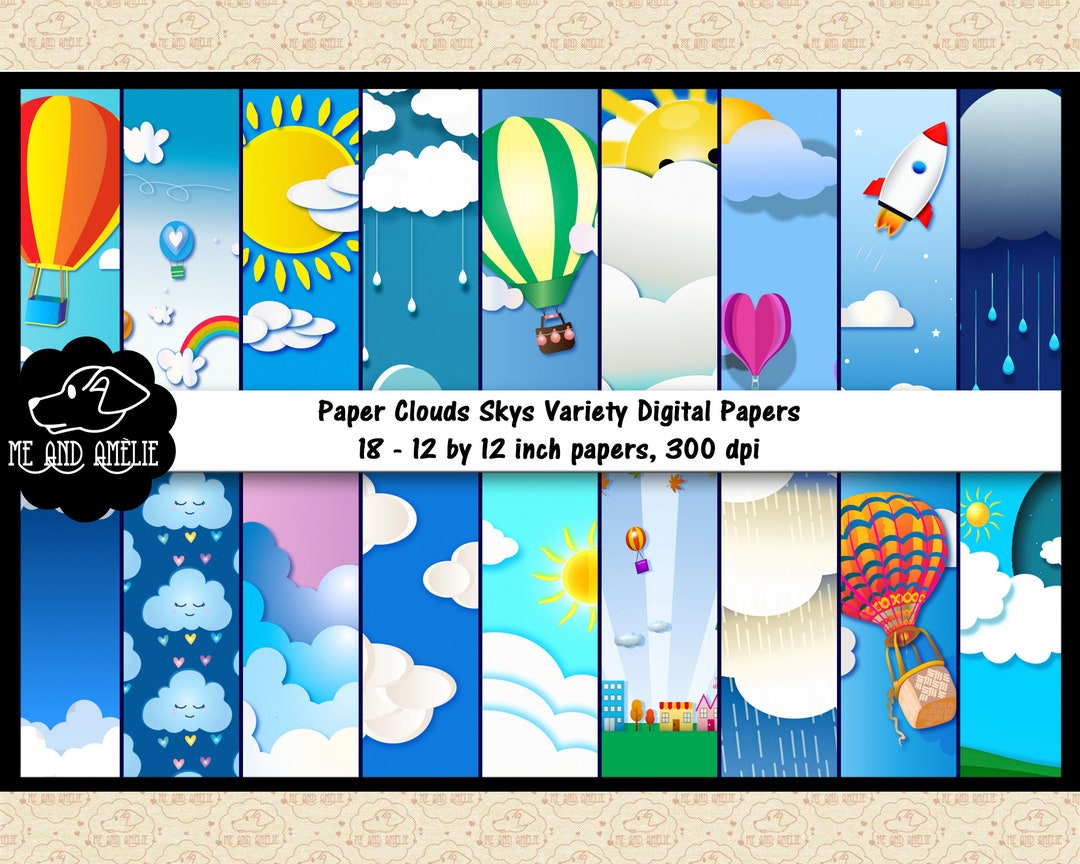 Paper Clouds Sky Digital Paper, Children's Paper, Cartoon Sky Papers ...