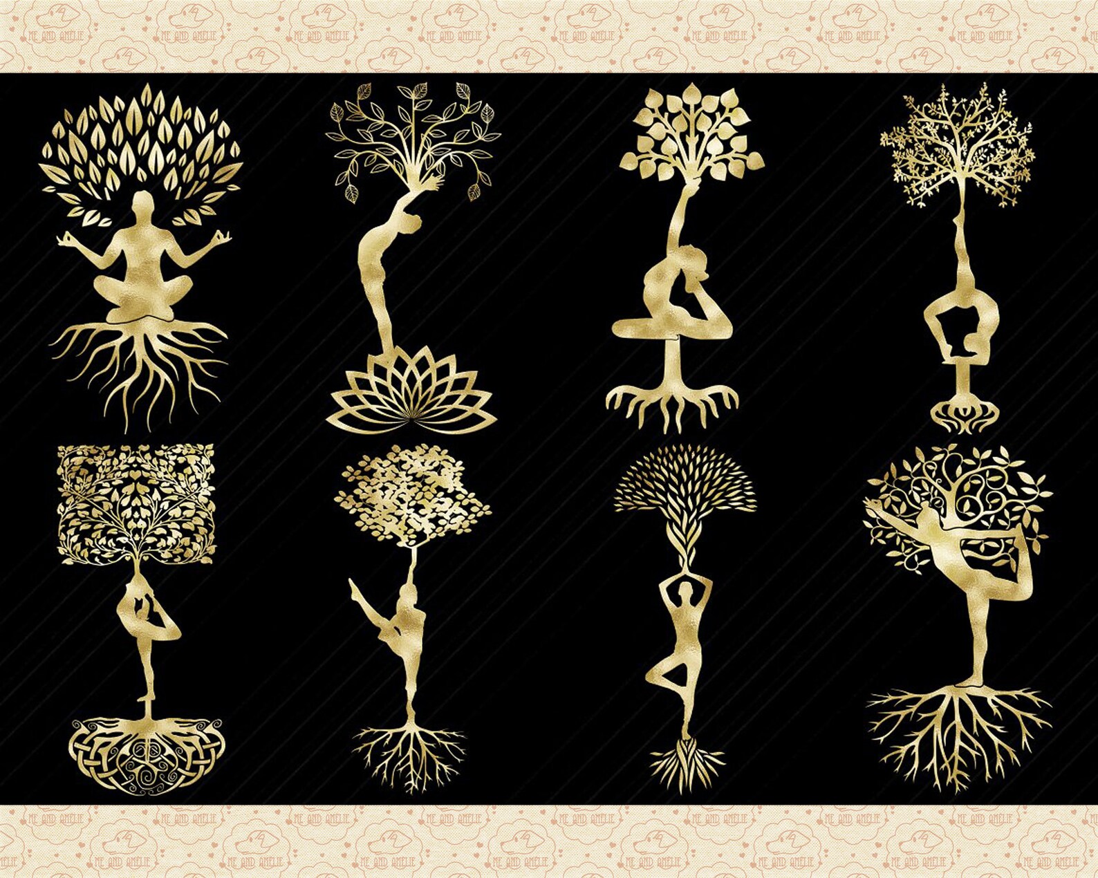 Gold Foil Yoga Tree of Life Silhouettes Clip Art not Vector | Etsy