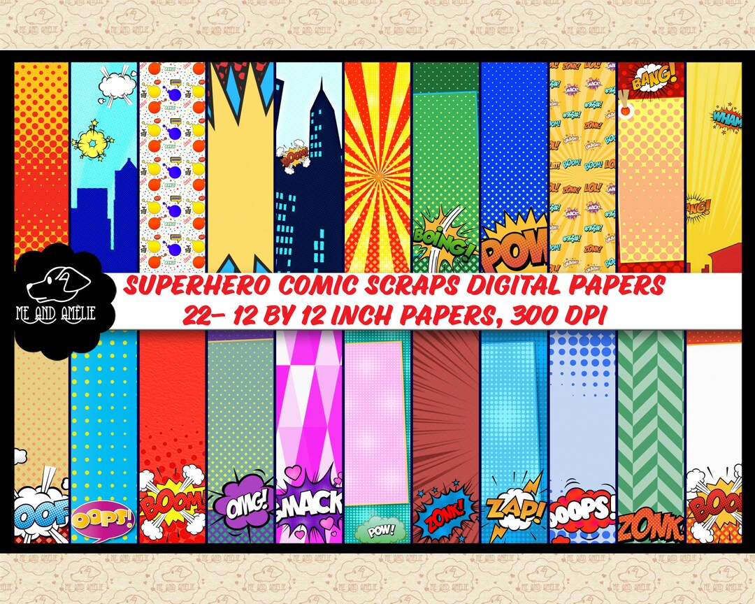 Comic Superhero Part 2 Digital Papers, Halftone Papers, Superhero Word ...