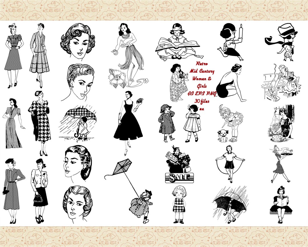 Retro Women and Girls Line Art, 1940s-1950s Graphics (PNG EPS Adobe ...