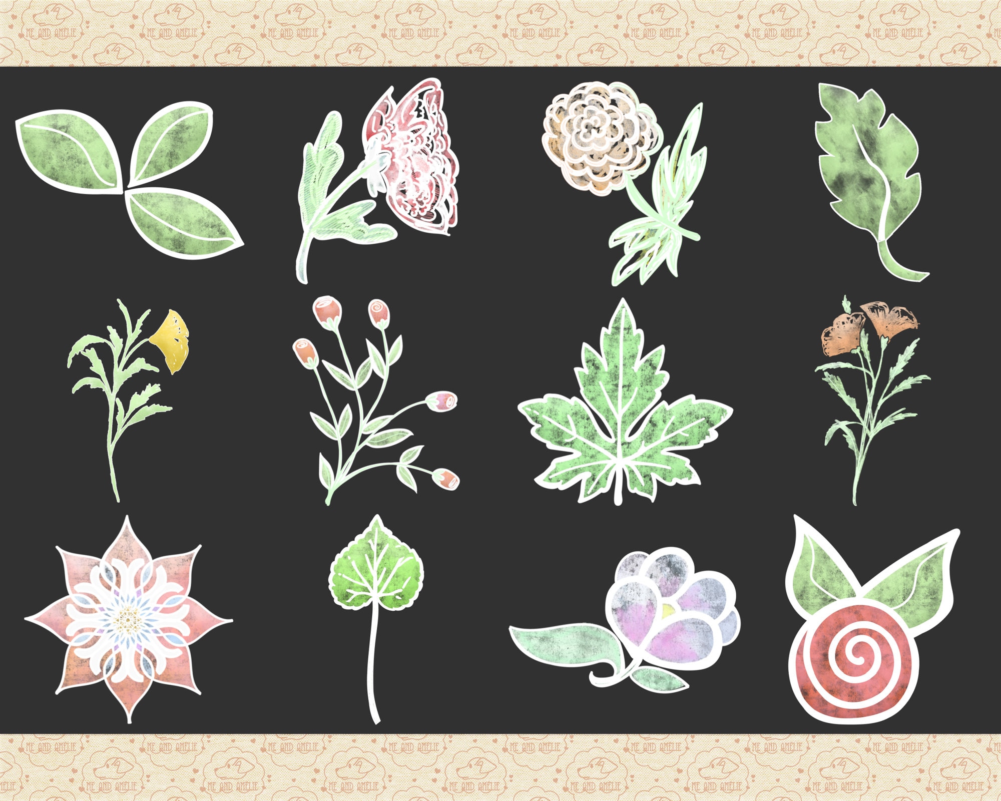 Chalkboard Floral Clipart Set, Chalk Flowers and Leaves (PNG) - Etsy