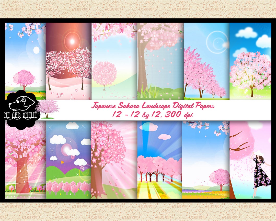 Sakura Landscape Digital Papers, Japanese Trees Papers, Japanese ...