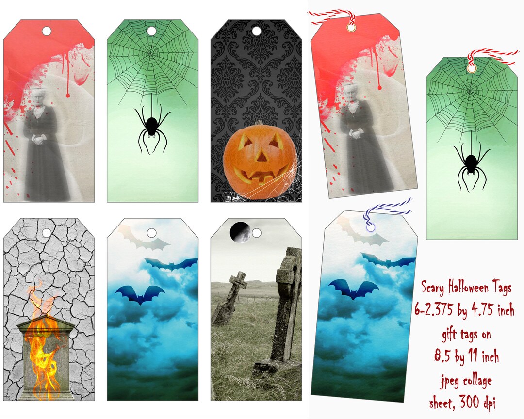 Halloween Tags Collage Sheet, Spooky Halloween, Scary Tags, 6 Tags on 1 ...