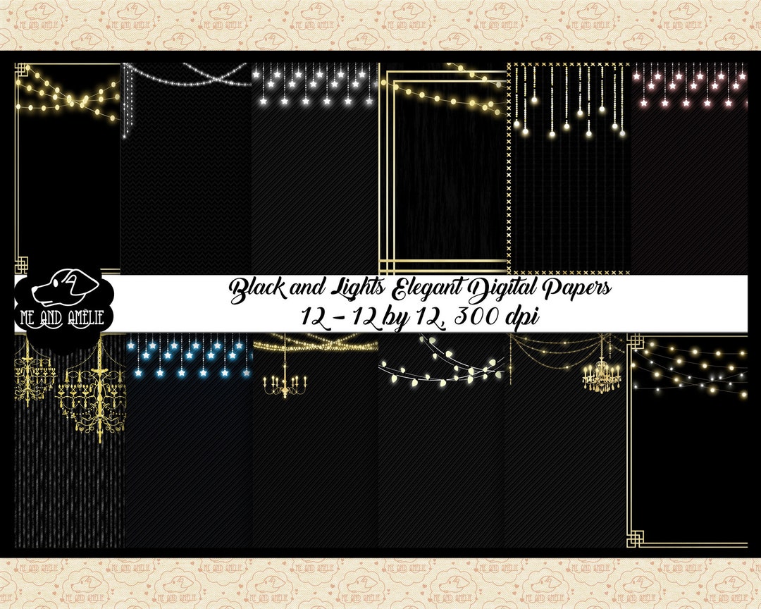 Black & Lights Digital Paper, Black Gold Foil Papers, Fairy Lights ...