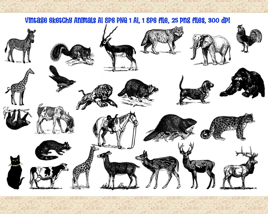 Vintage Animals Pt 1 AI Vector & PNG (no SVG) Sketchy Animals, CC0 ...