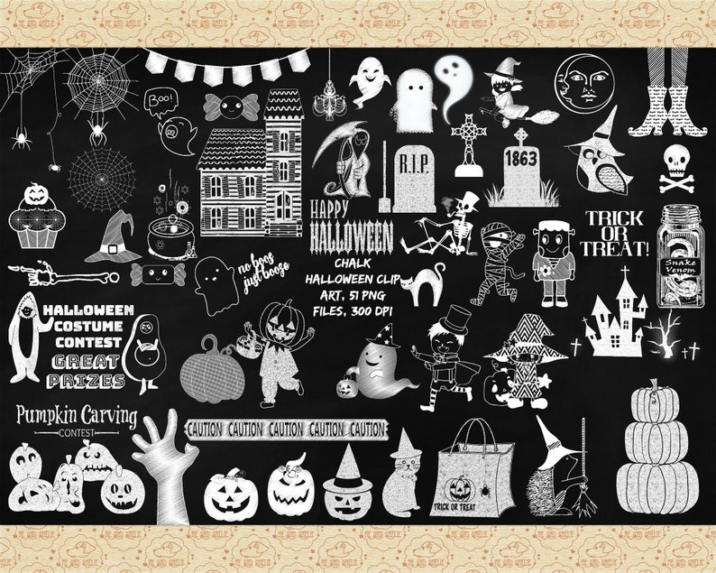 Halloween Chalkboard Clip Art Chalk Pumpkins Haunted House | Etsy