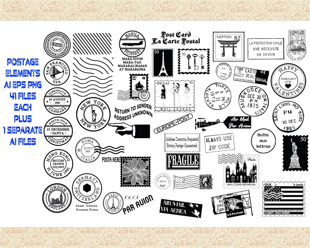 Postage Elements AI EPS PNG, (no Svg Cutting Files) Clip Art, Stamps ...