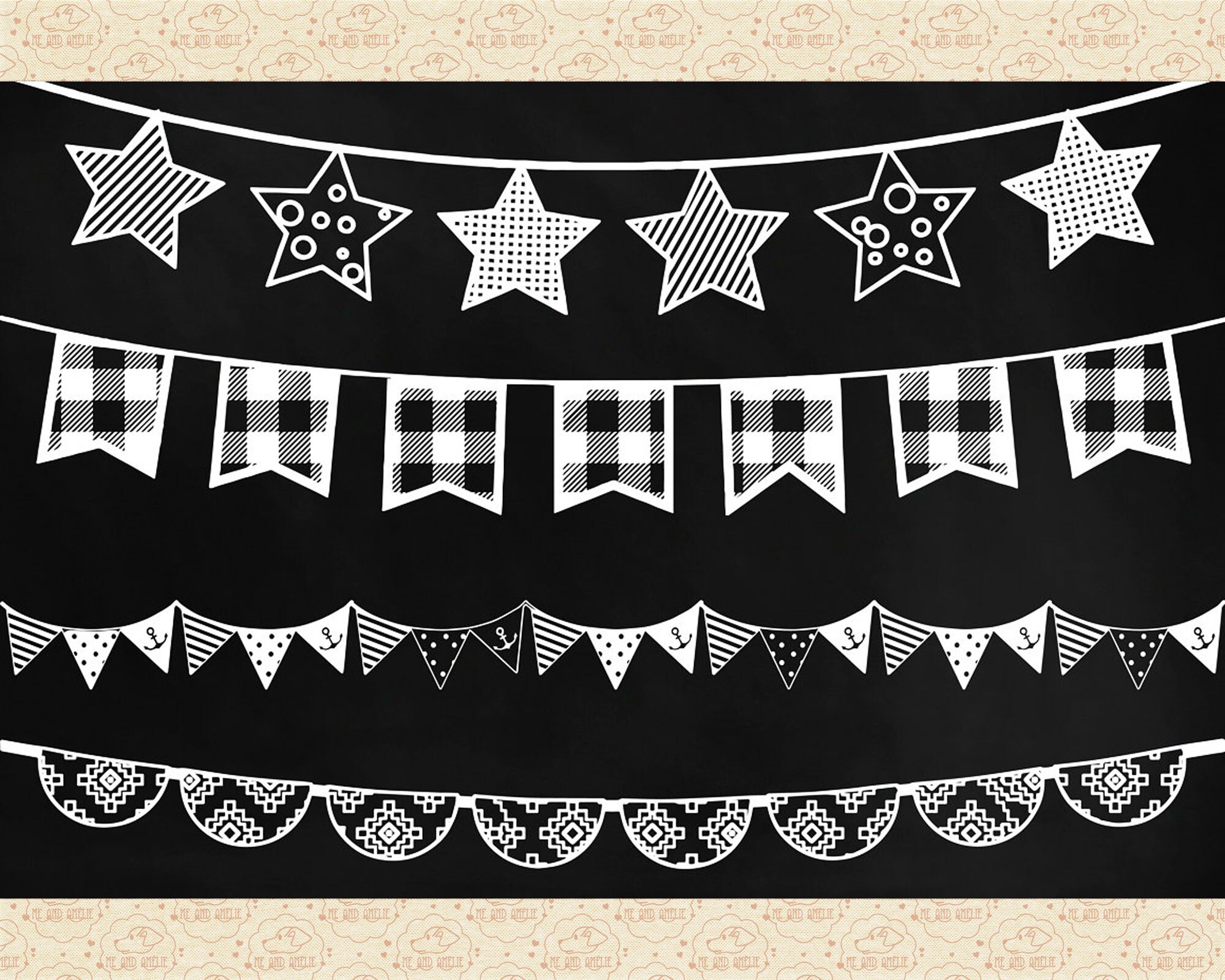 Chalk Bunting Doodles Clipart, Chalkboard Clipart, Chalk Banner Clip ...