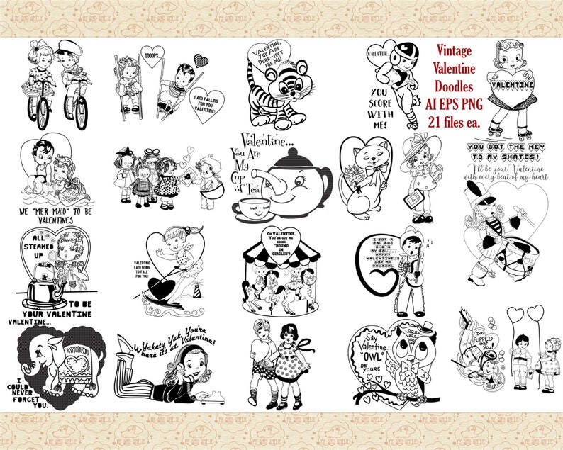 Retro Valentine Doodles Clipart, Atomic Age Graphics (AI, EPS, PNG) - Etsy