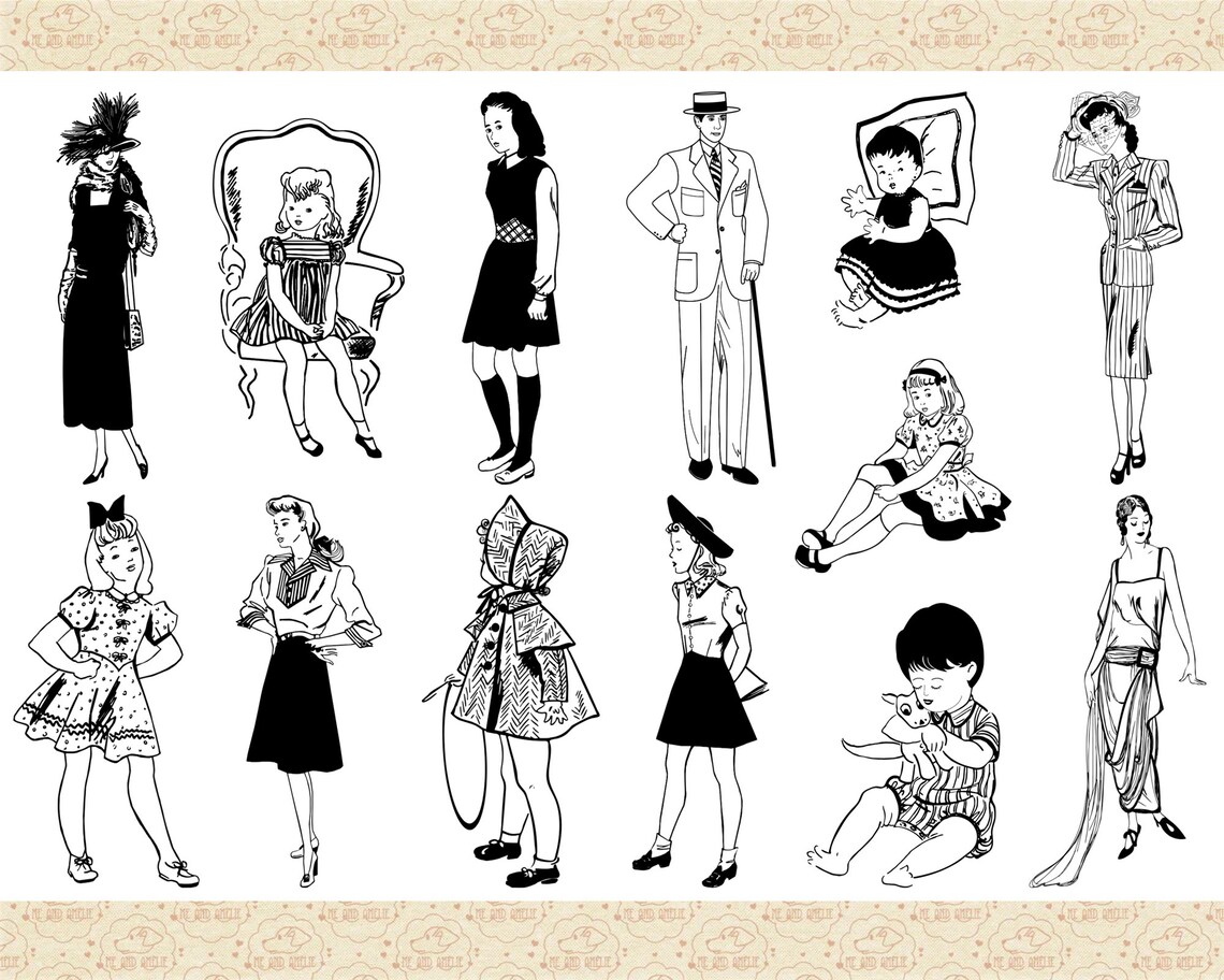 1940s Fashion Line Art Vector Graphics, AI EPS PNG (35 Files) - Etsy